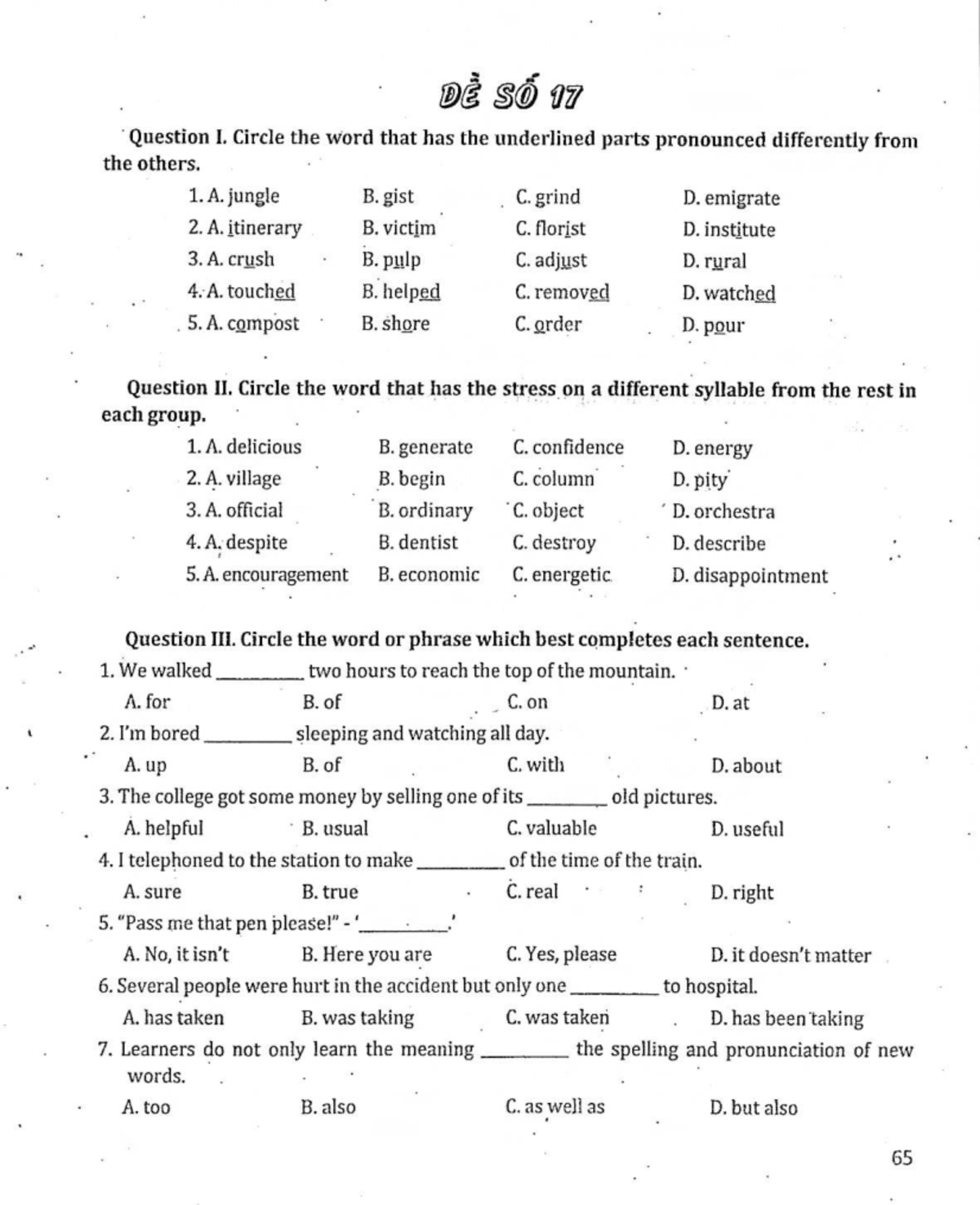 7B 113 - BTAP: Pronunciation, Stress, and Sentence Completion Exercises ...