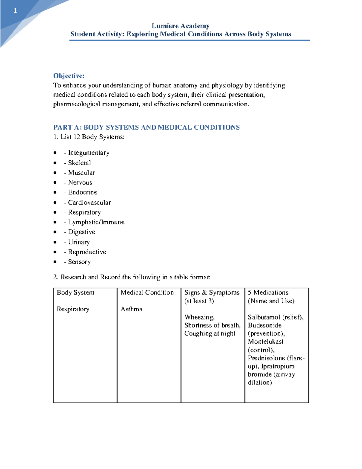 Student Activity: Exploring Medical Conditions Across Body Systems ...