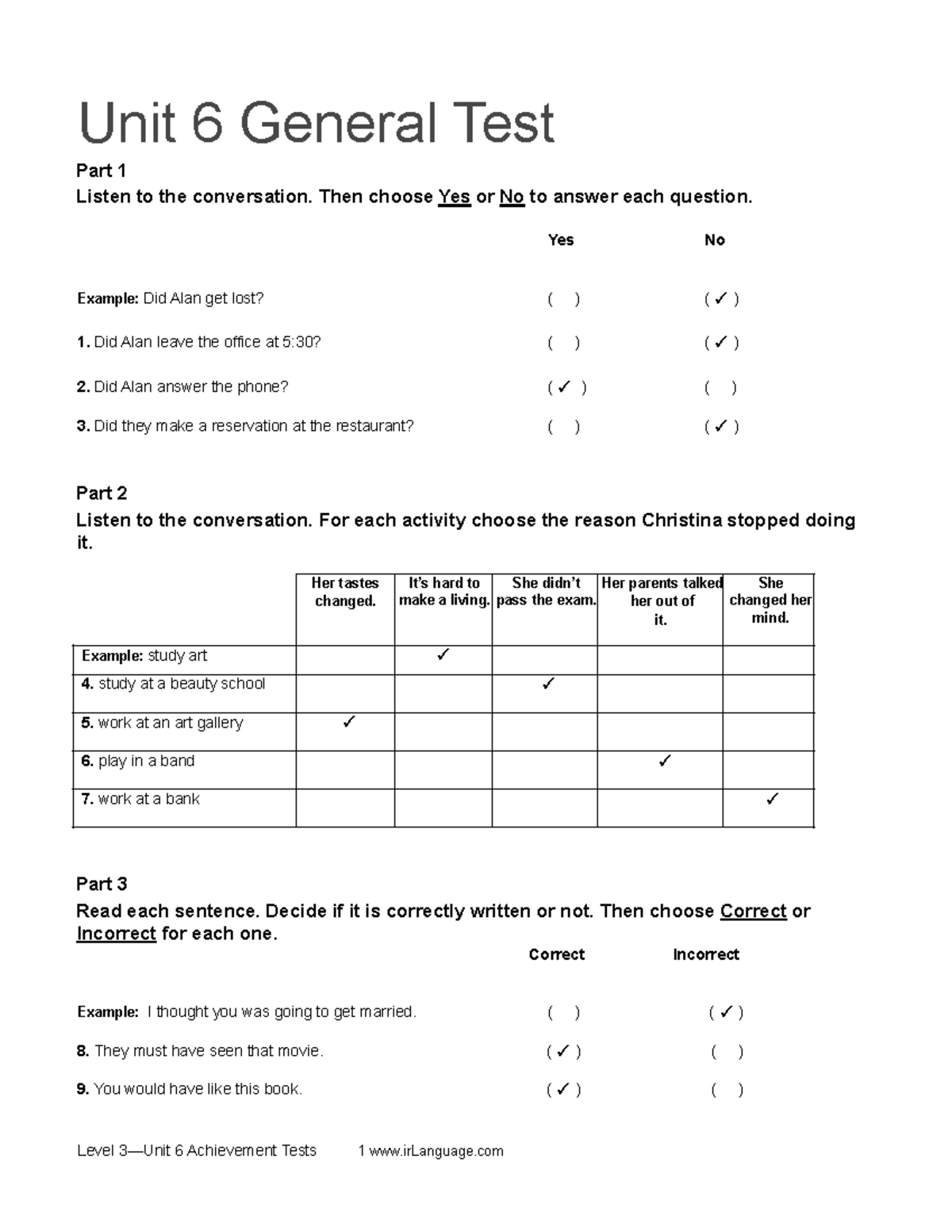 Unit 6 Achievement Test Review: Listening & Writing Exercises - Studocu
