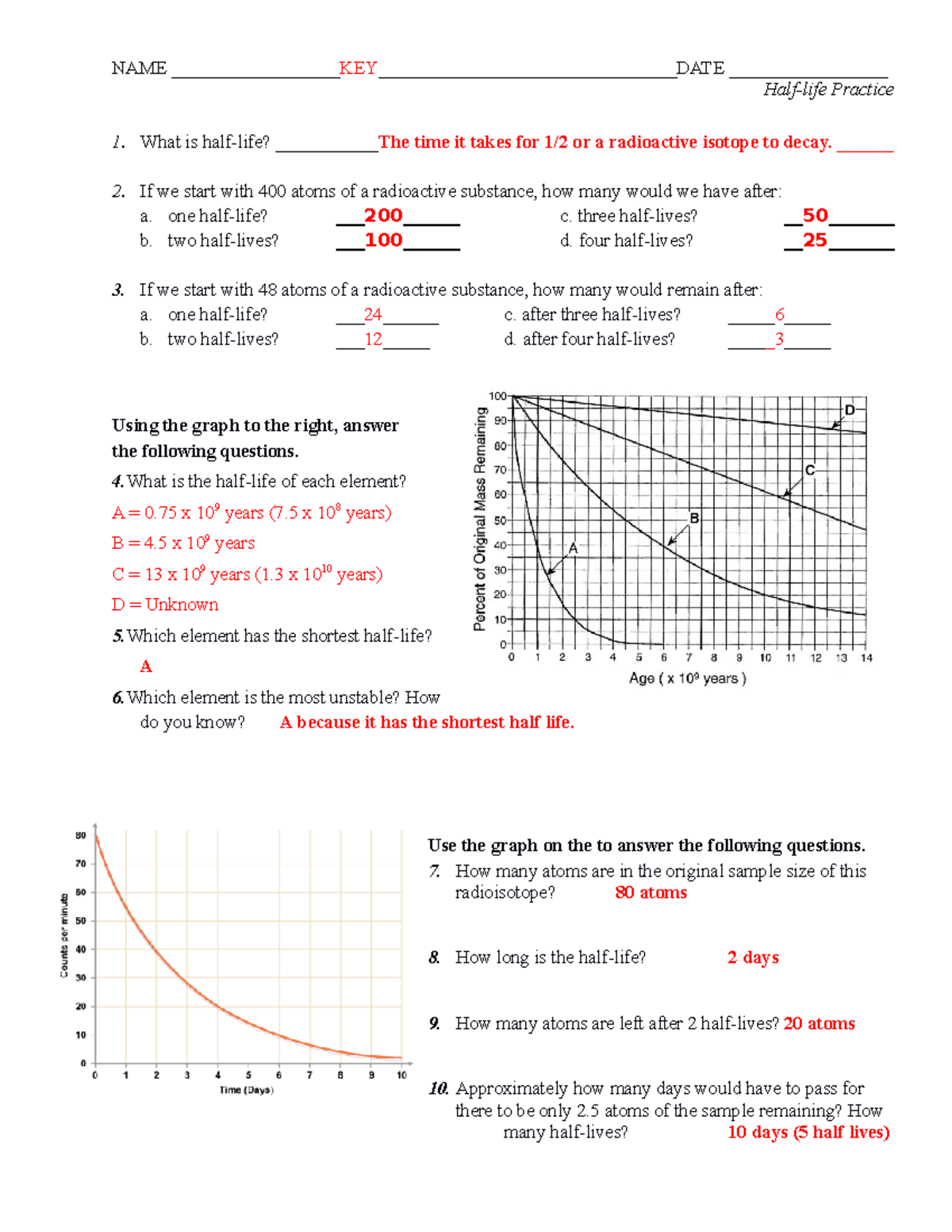 Half-life Practice Worksheet Key: Understanding Radioactive Decay - Studocu