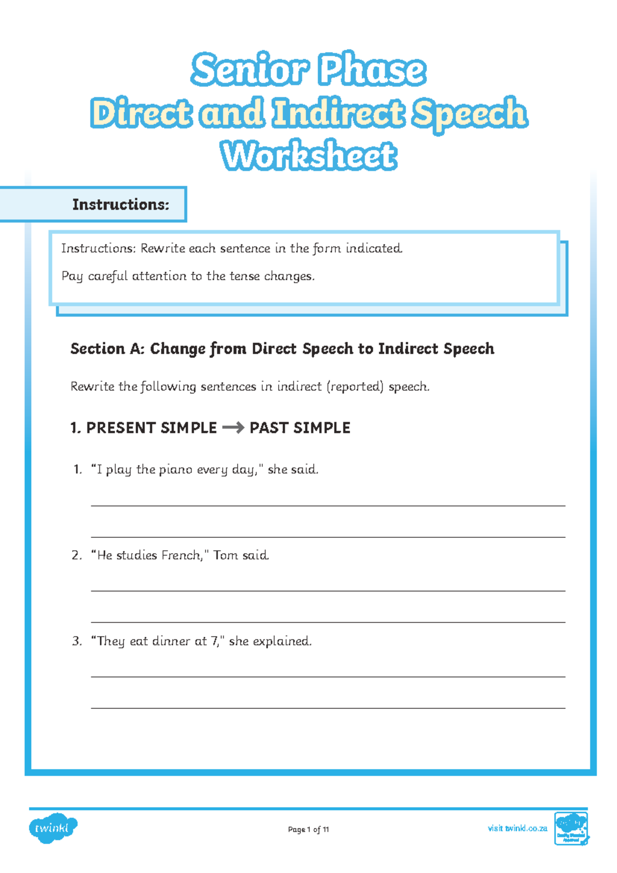 Senior Phase Direct & Indirect Speech Worksheet Instructions - Studocu
