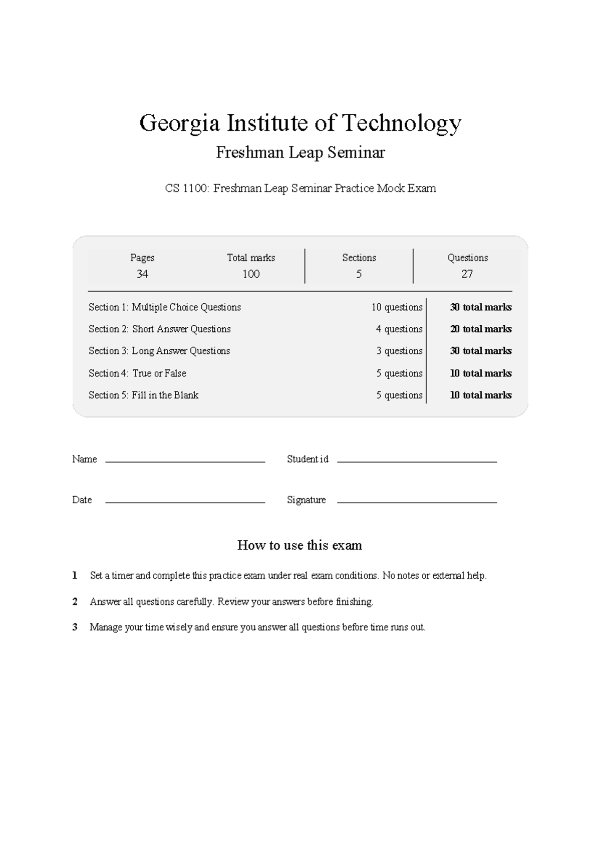 CS 1100: Georgia Tech Freshman Leap Seminar Practice Mock Exam 2026 ...
