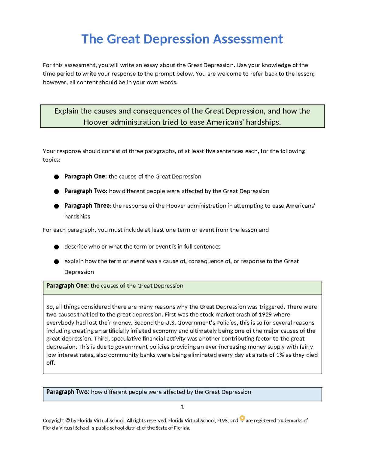 Great Depression Essay Assessment (Course Code: FLVS) - Studocu