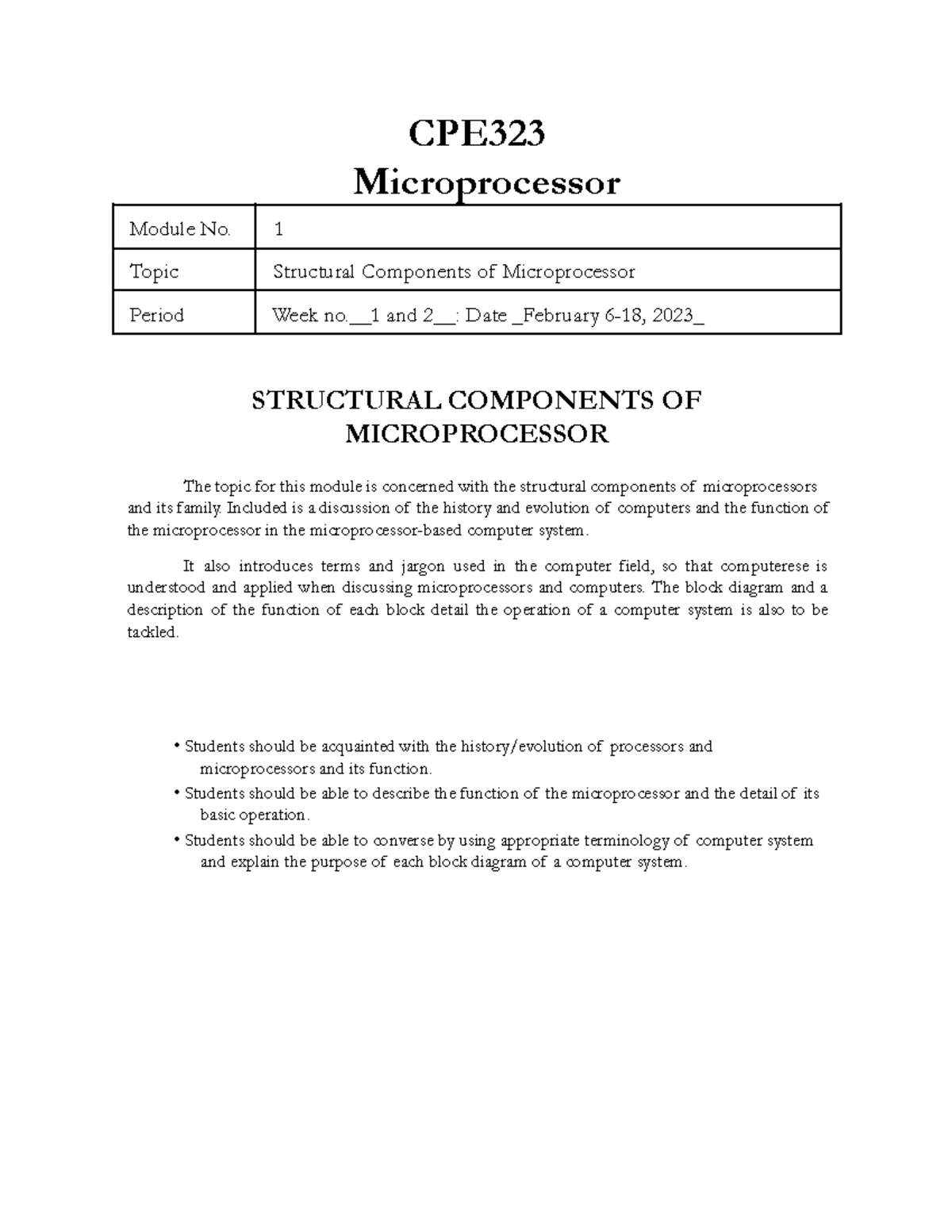 CPE 101 Microprocessor Module 1: Structural Components Overview - Studocu
