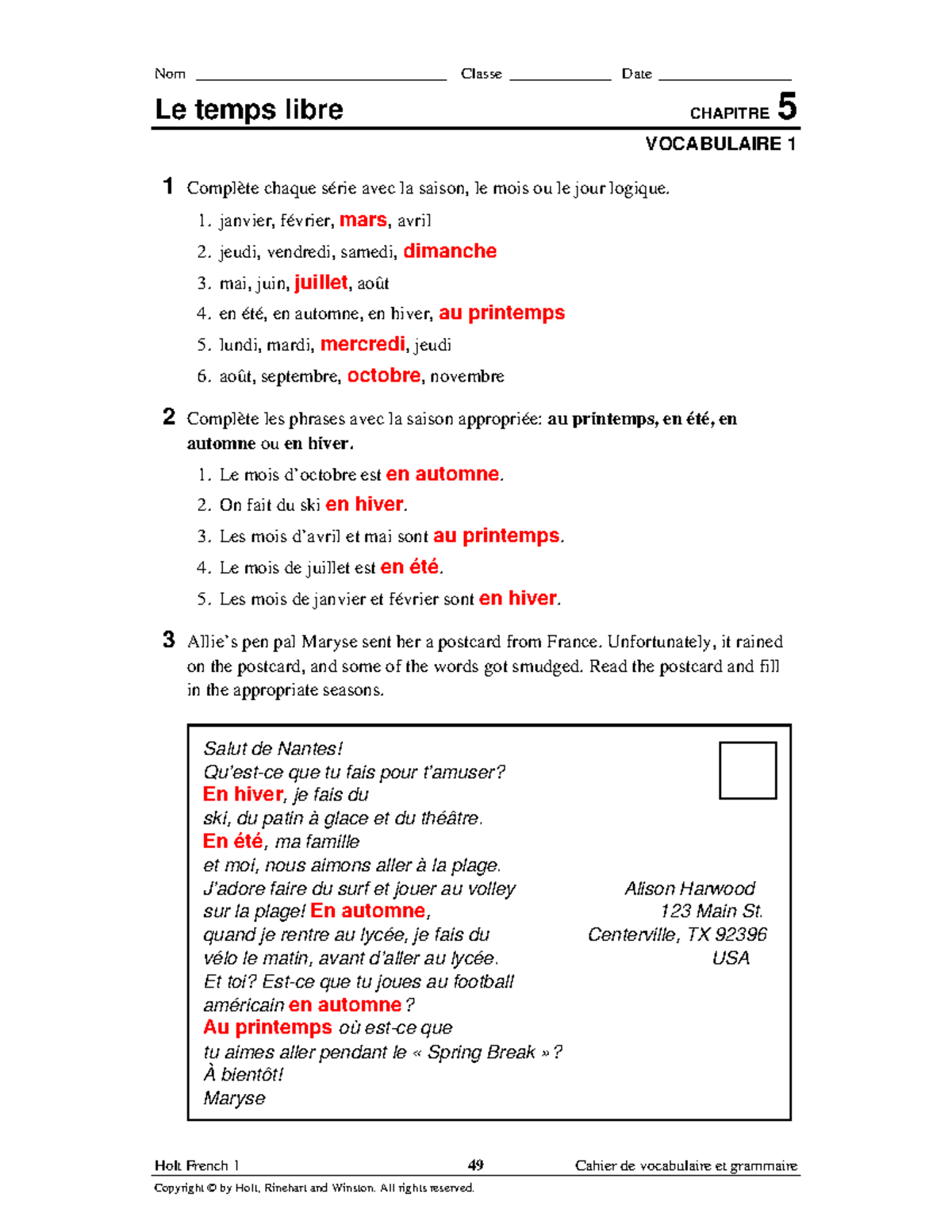 Ch 5cahier vocabulaire answers - Holt French 1 49 Cahier de vocabulaire ...