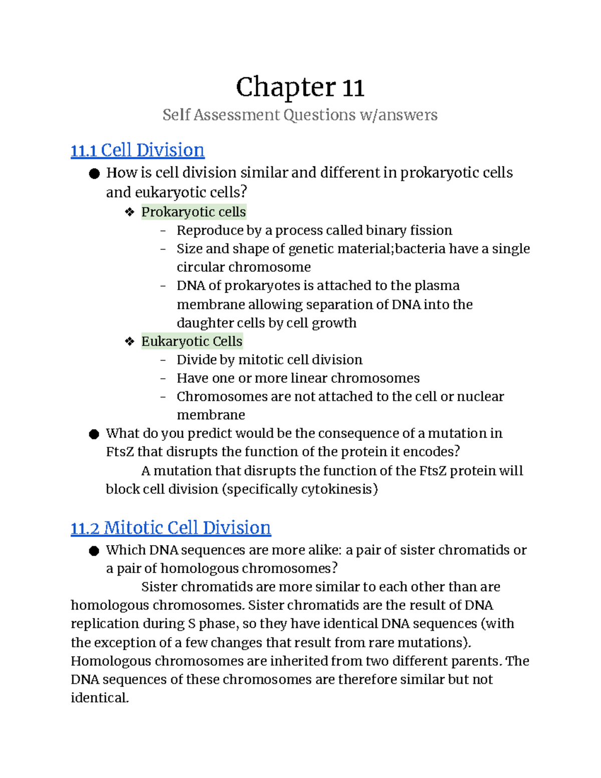 BIO140 Chapter 11; cell division self assessment questions w answers ...