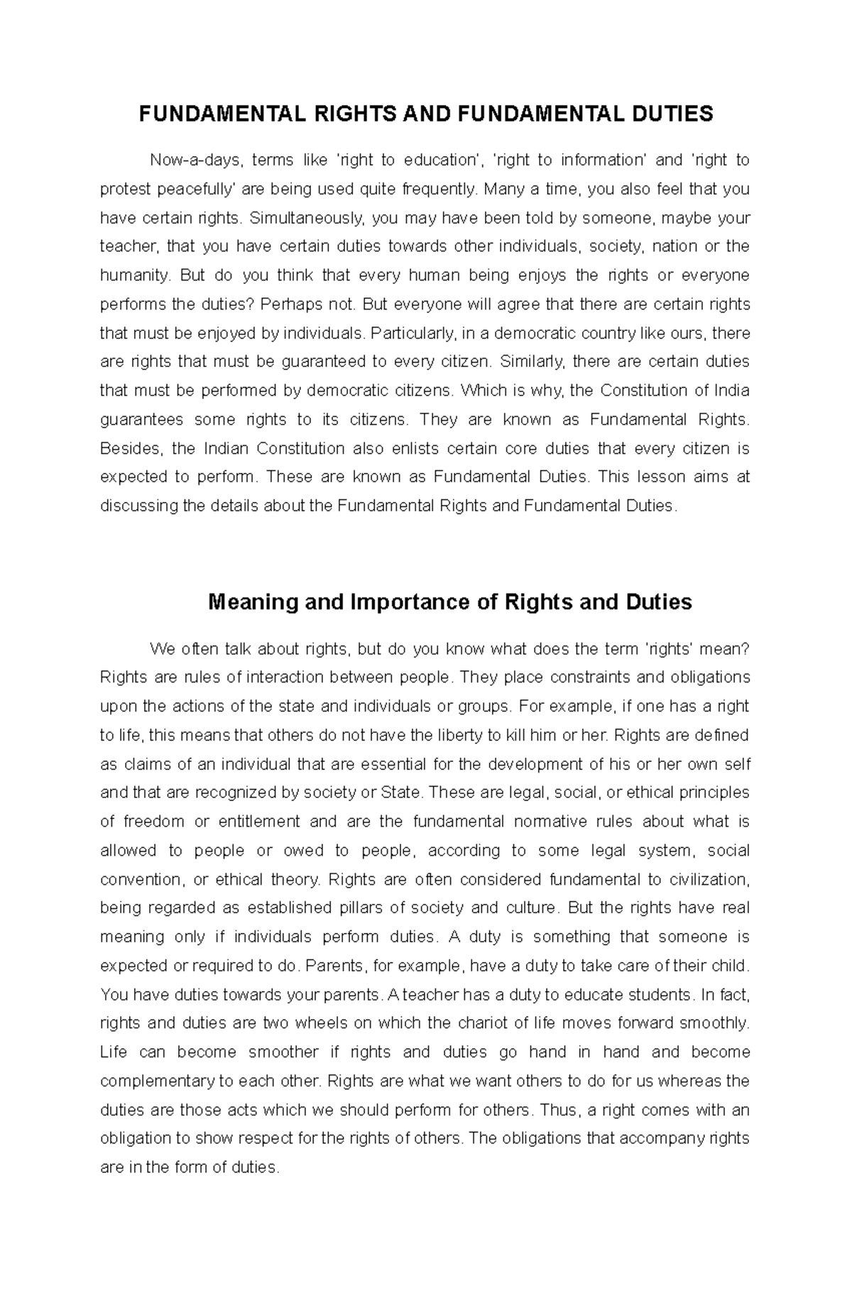 Political Science 2 - FUNDAMENTAL RIGHTS AND FUNDAMENTAL DUTIES Now-a ...