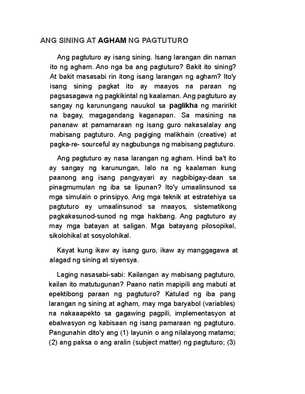 ANG Sining AT Agham NG Pagtuturo 1 - ANG SINING AT AGHAM NG PAGTUTURO ...