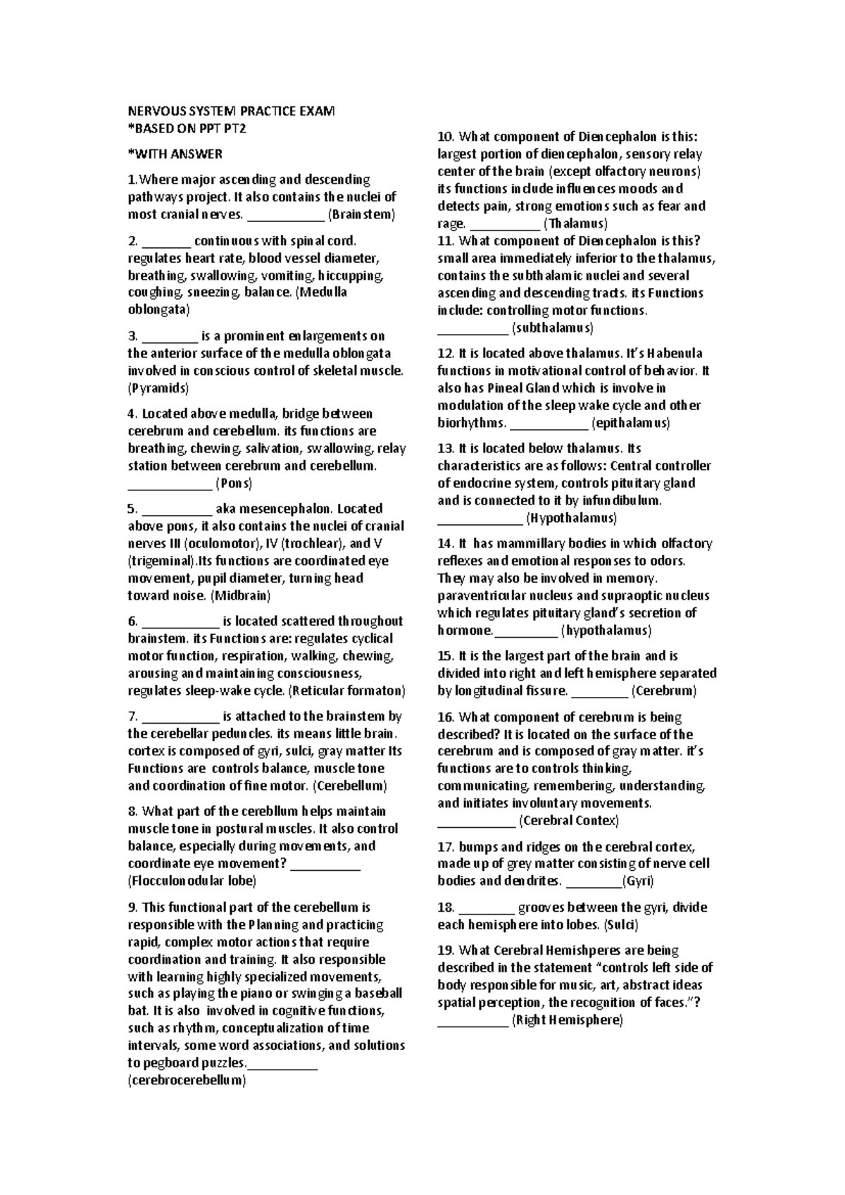 Nervous System Practice Exam PPT PT2: Key Concepts and Functions - Studocu