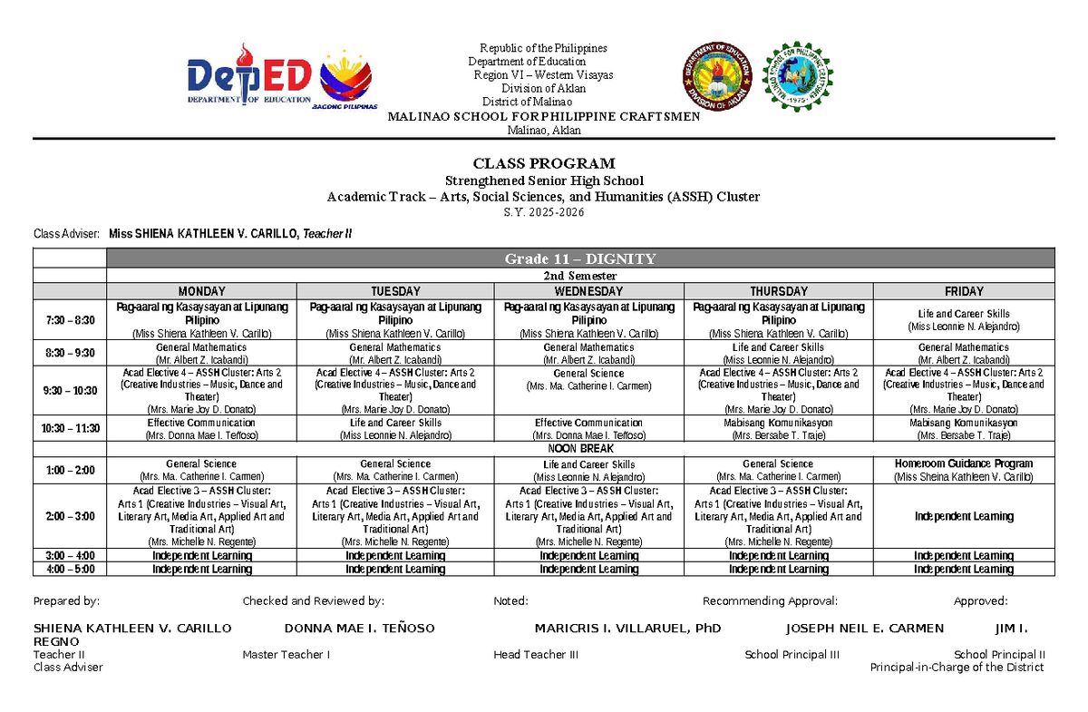 Class Program for Grade 11 - 1st Semester (S.Y. 2023-2024) - Studocu