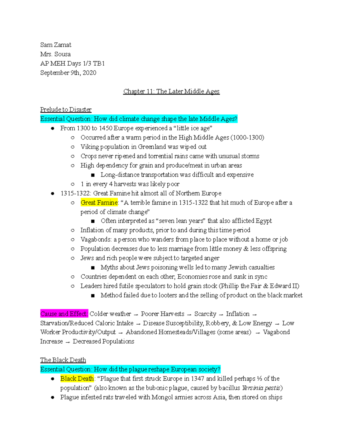 AP Euro - Chapter 11 Summary: Impact of Climate & Disease in the Middle ...