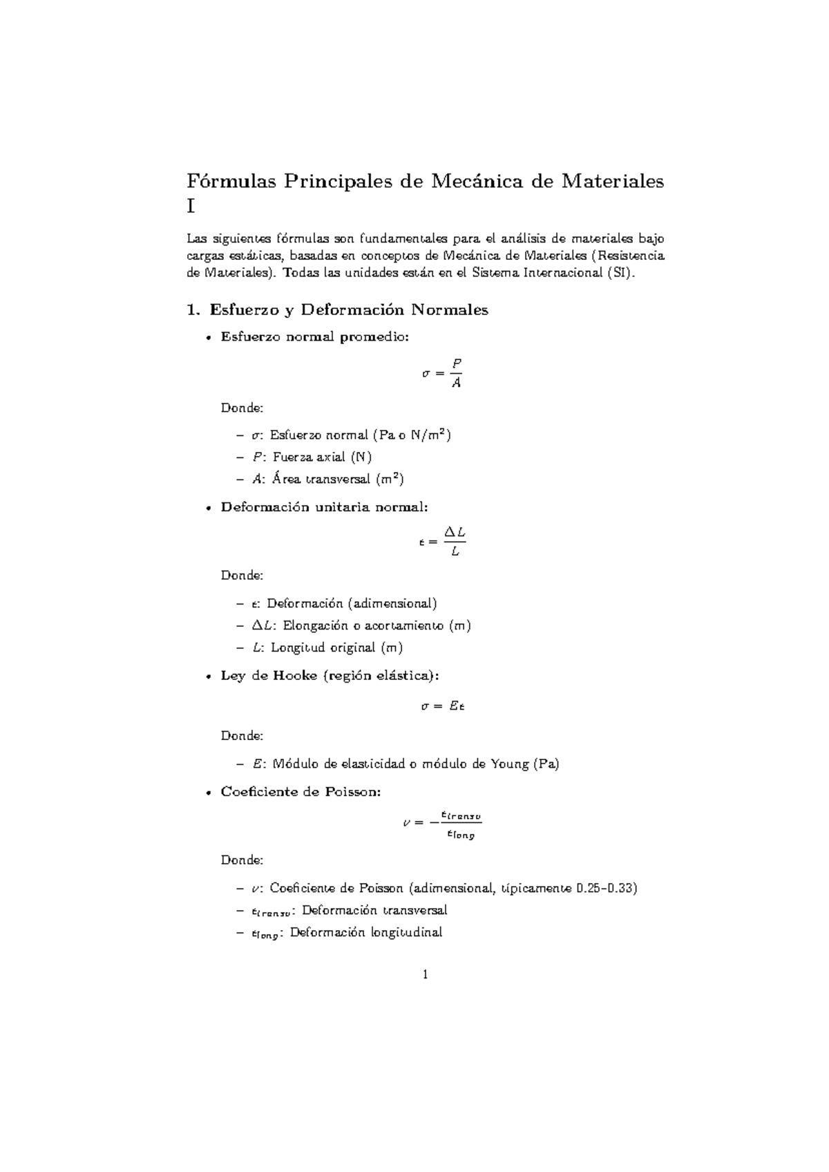 Fórmulas Clave de Mecánica de Materiales I para Análisis Estructural ...