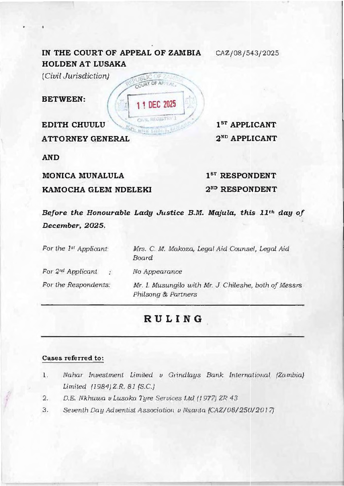 Edith Chuulu & Anor v Monica Munalula & Anor: Appeal Leave Ruling (2025 ...