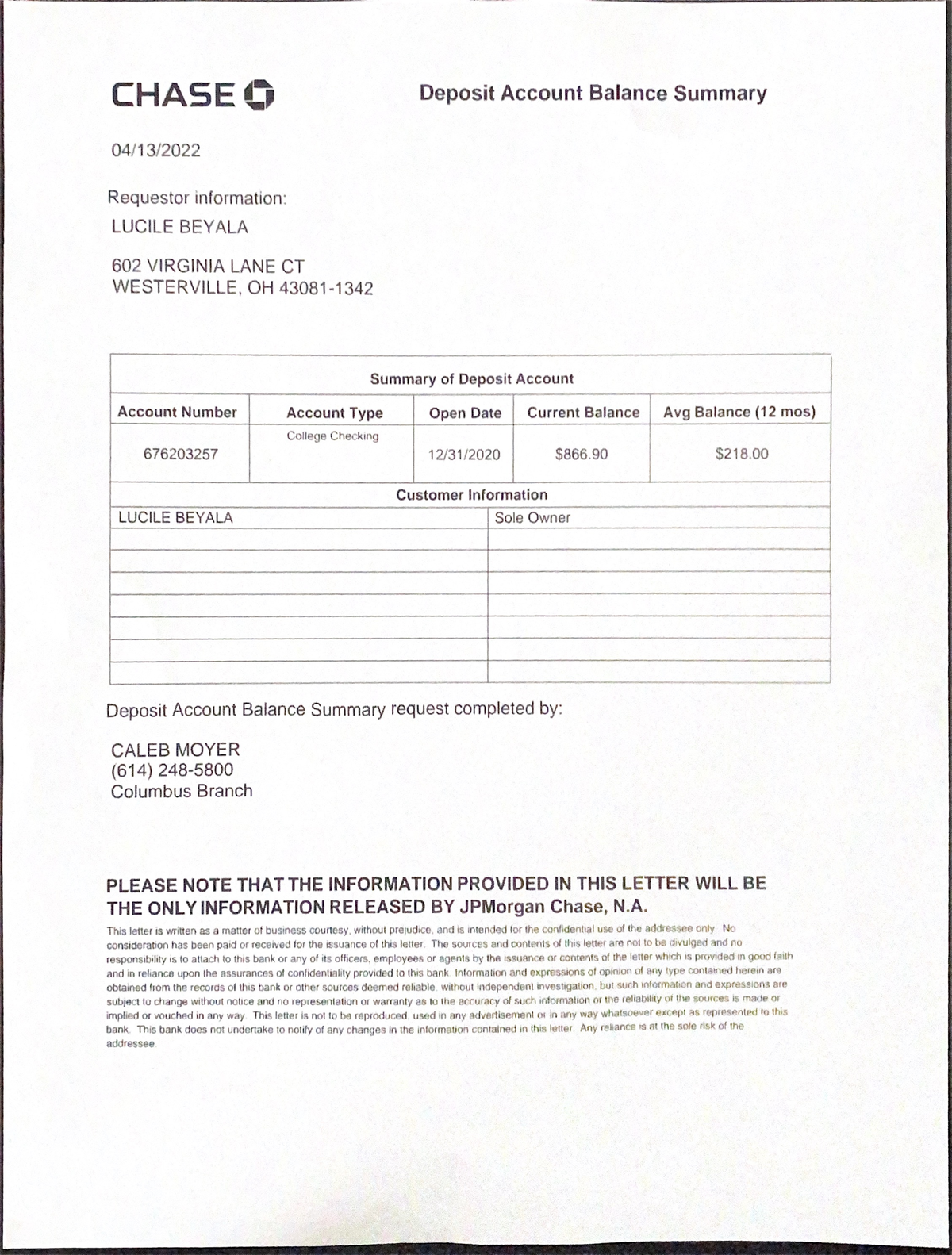CHASE Case Study: Deposit Account Balance Summary for Lucile Beyala ...