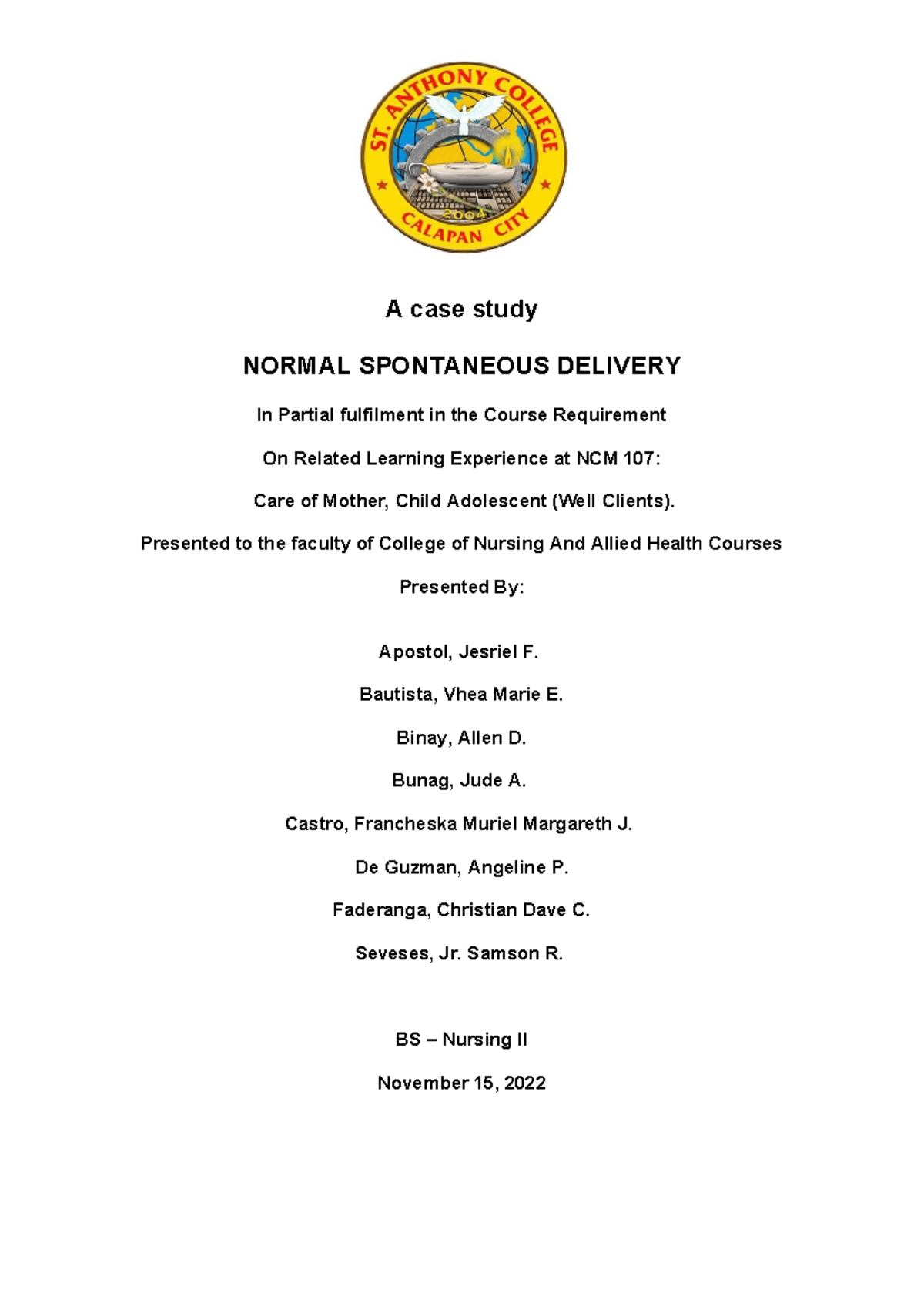 NSD G1 - Case Study on Normal Spontaneous Delivery in Nursing Care - Studocu
