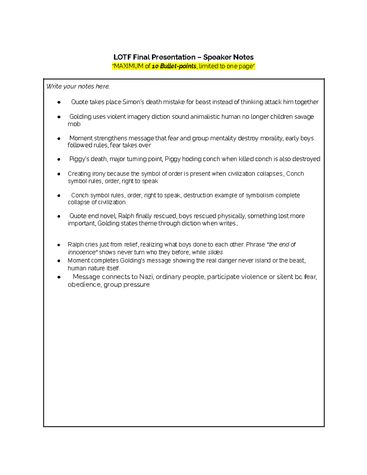 LOTF (Literature) Final Presentation Speaker Notes on Human Nature ...