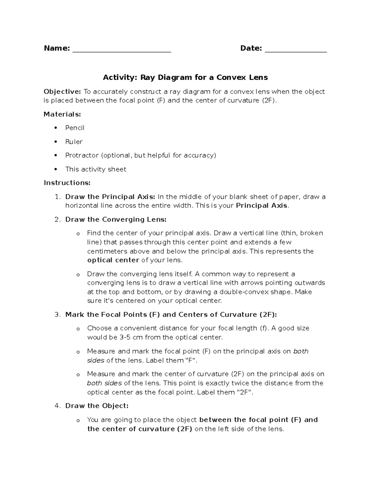 Activity: Ray Diagram for a Convex Lens - Physics 101 Lab Guide - Studocu