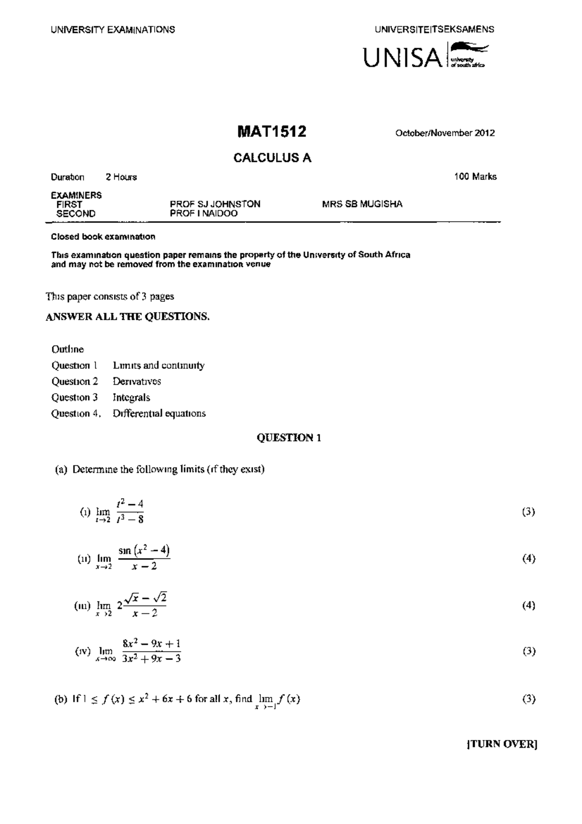 MAT1512 2012 Final Exam: Calculus A Question Paper - Studocu