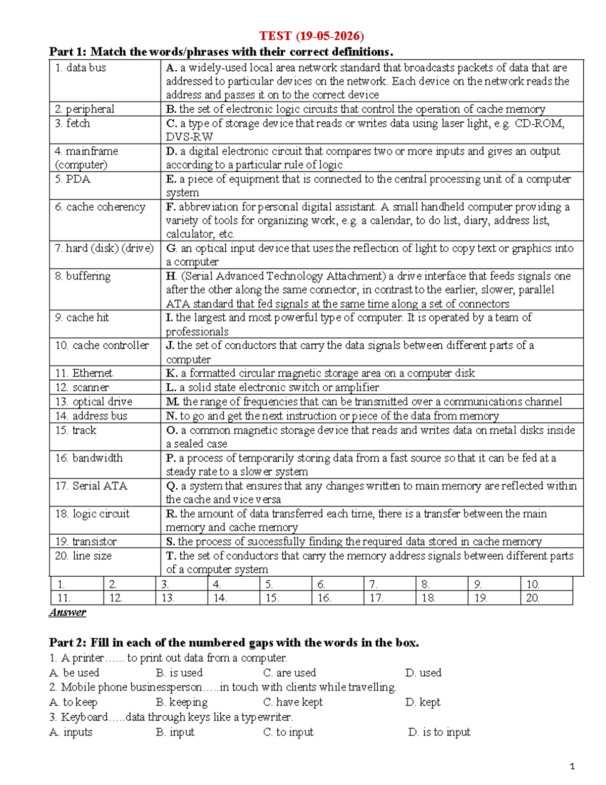 TEST (19-05-2026): Definitions and Fill-in-the-Blank Exercises - Studocu