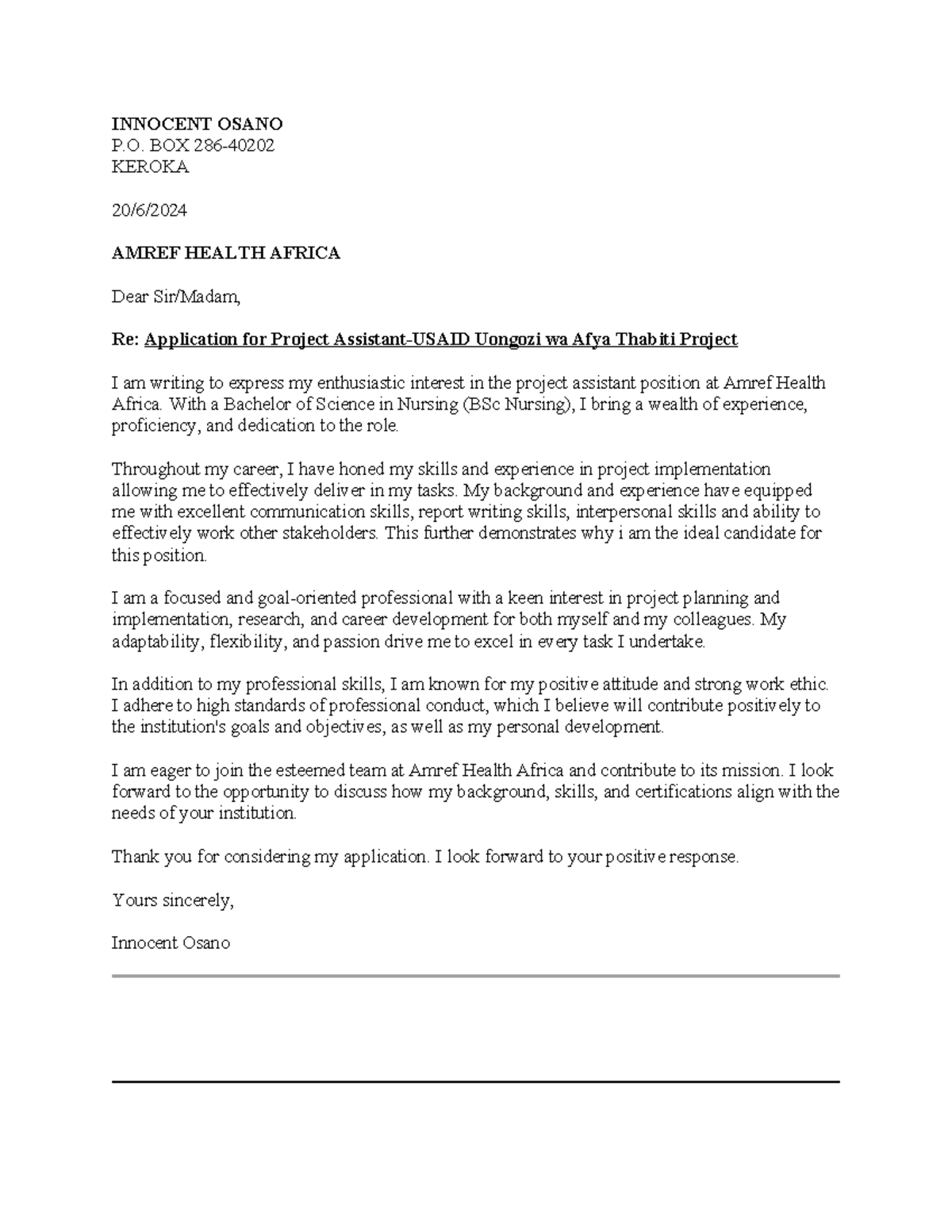 Application Letter for KMTC Part-Time Lecturer Position - Studocu