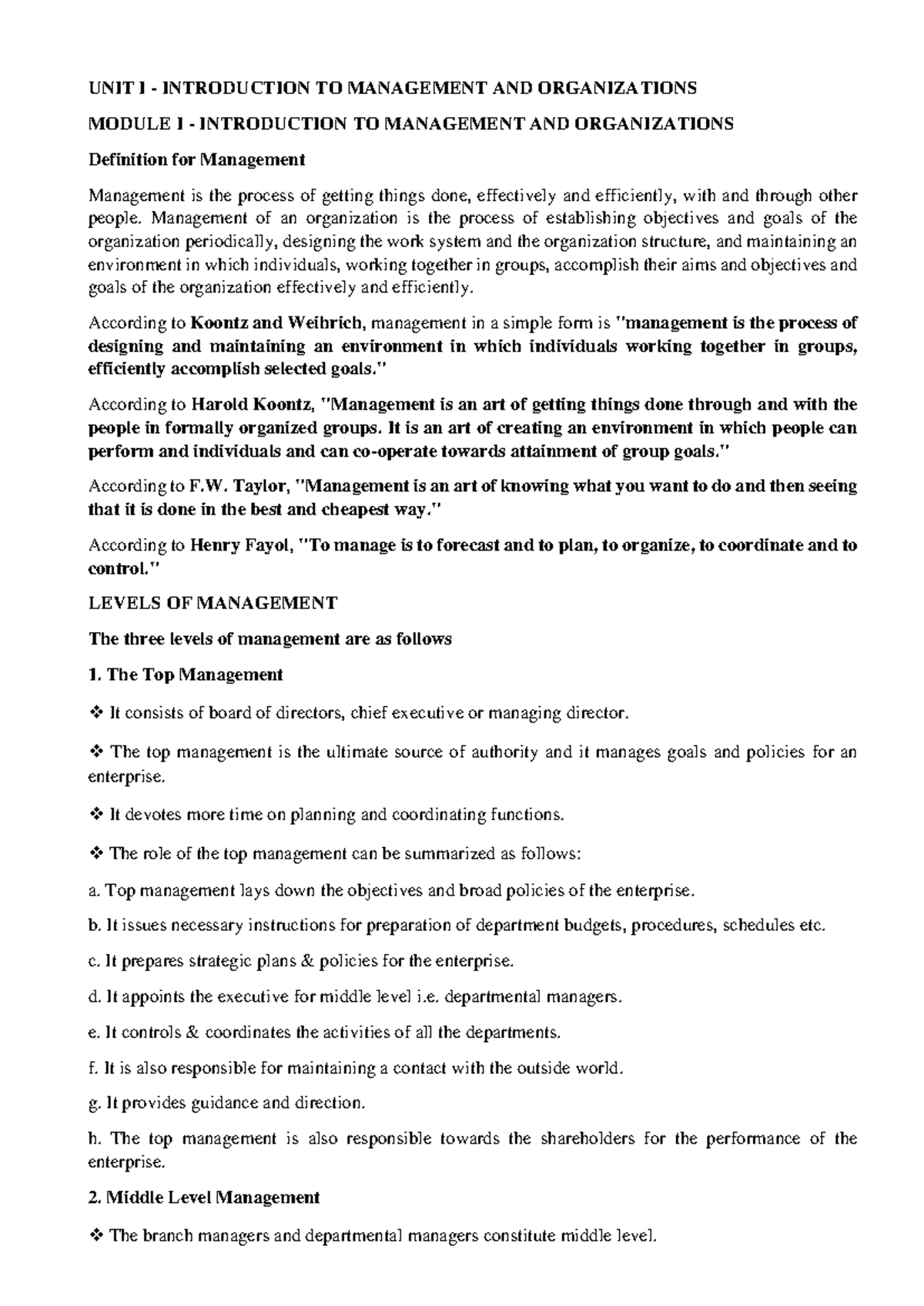 POM-UNIT I: Introduction to Management and Organizations - Studocu
