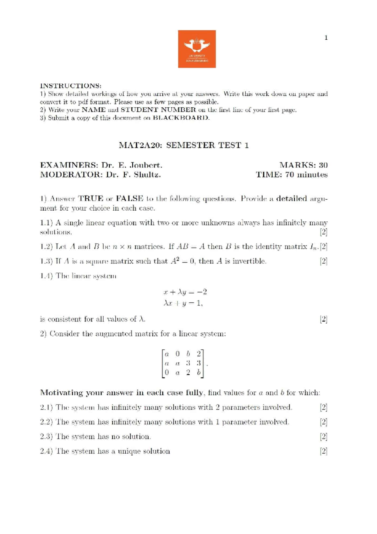 MAT2A20: Linear Algebra Semester Test 1 Past Paper Solutions - Studocu