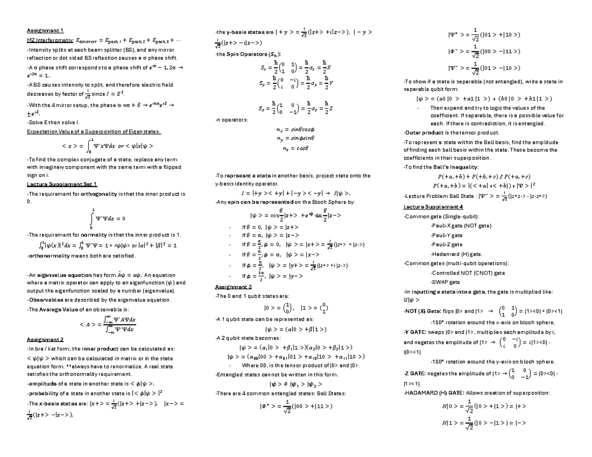 Quantum Computing Cheat Sheet: Assignment 1 Overview and Key Concepts - Studocu