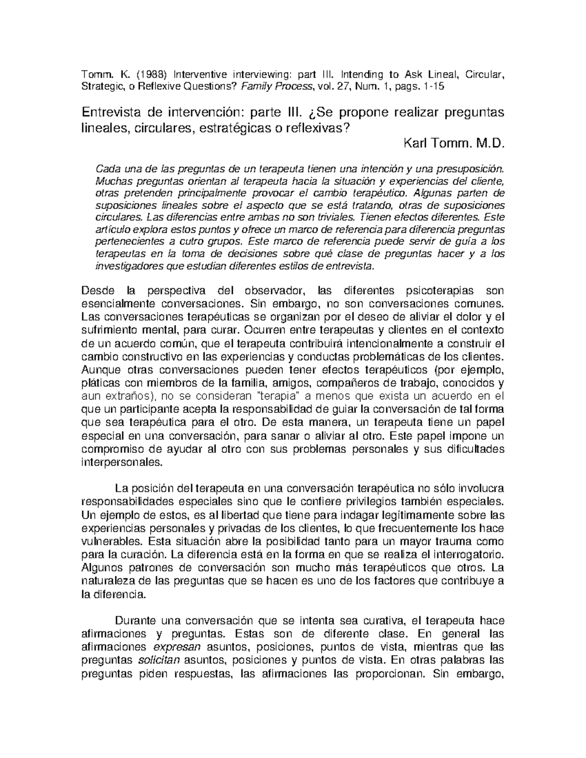 Entrevista de Intervención: Parte III - Karl Tomm (275406435) - Studocu