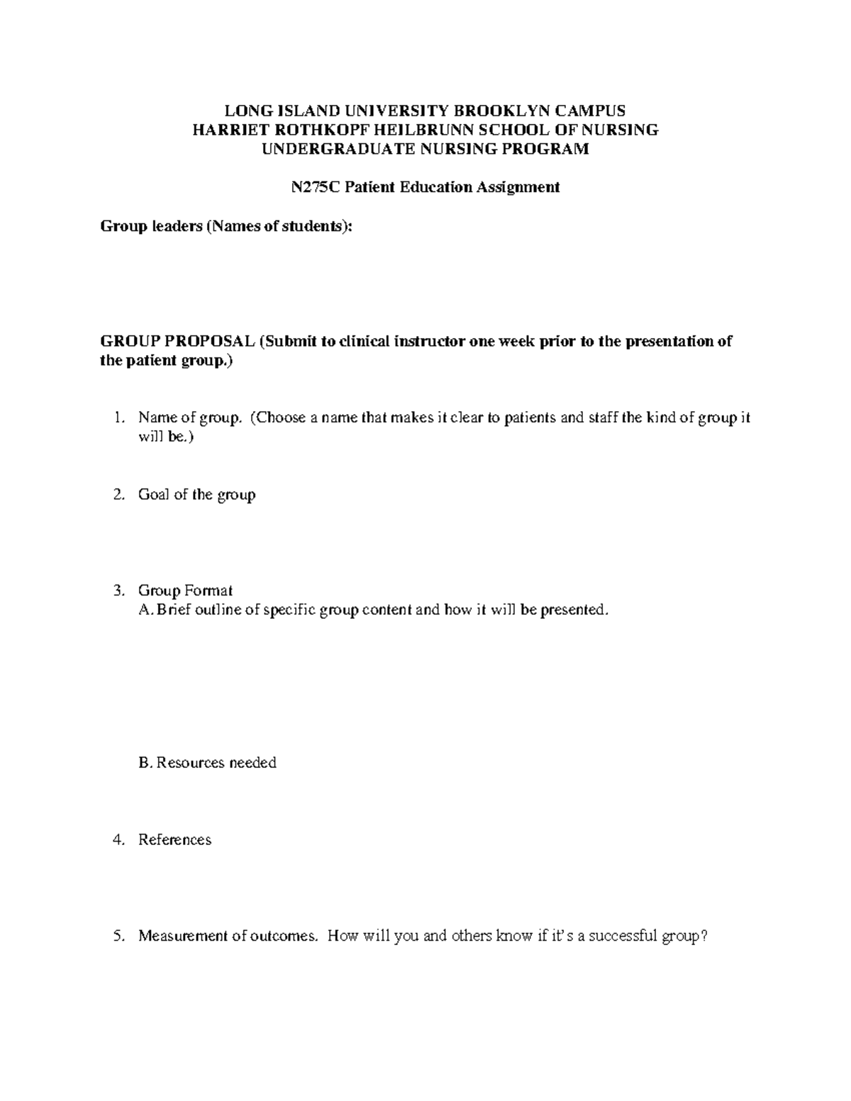 N275C Patient Education Assignment: Group Proposal Guidelines - Studocu