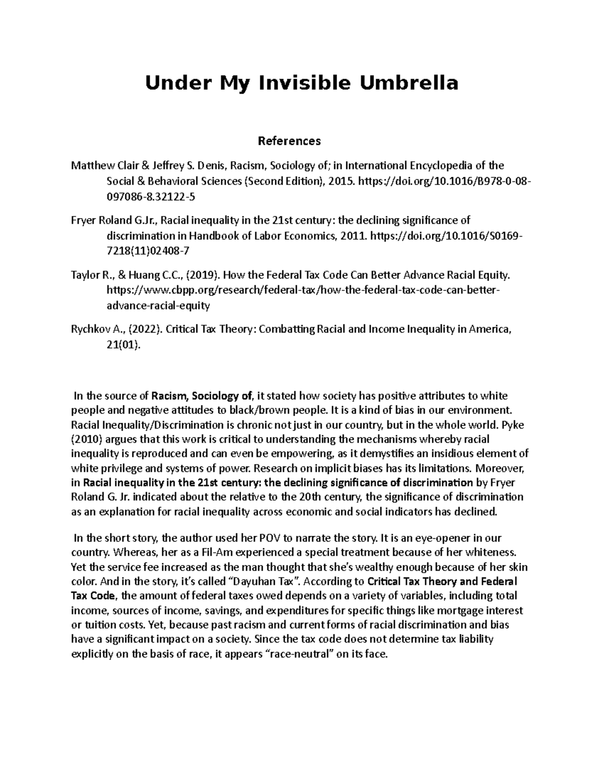 Activity 3 - Reaction Paper - Under My Invisible Umbrella References Matthew Clair & Jeffrey S ...