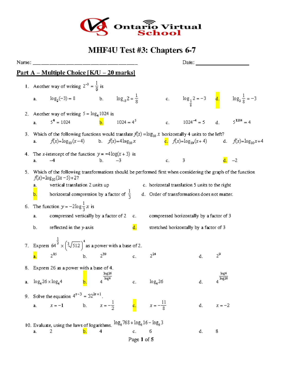 MHF4U Unit 3 Practice Test Solutions: Multiple Choice & Applications ...