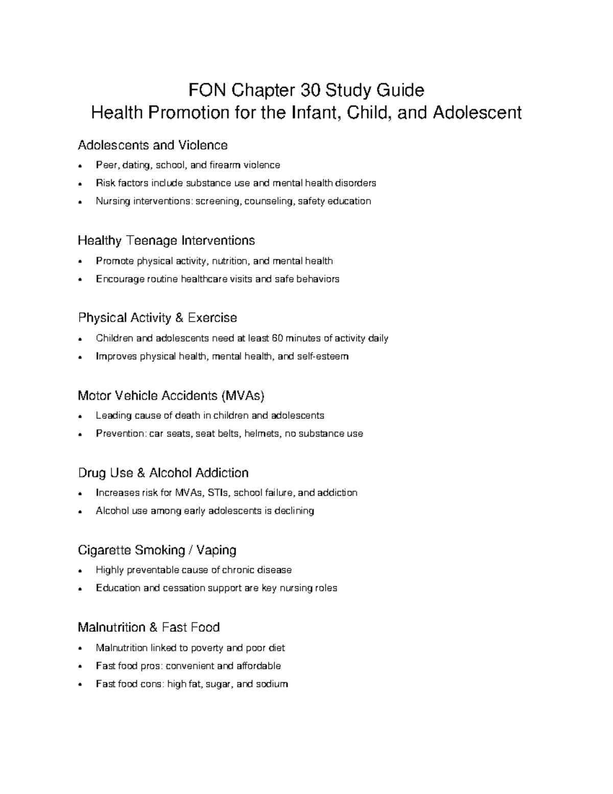 FON Chapter 30 Study Guide: Health Promotion for Infants & Adolescents ...