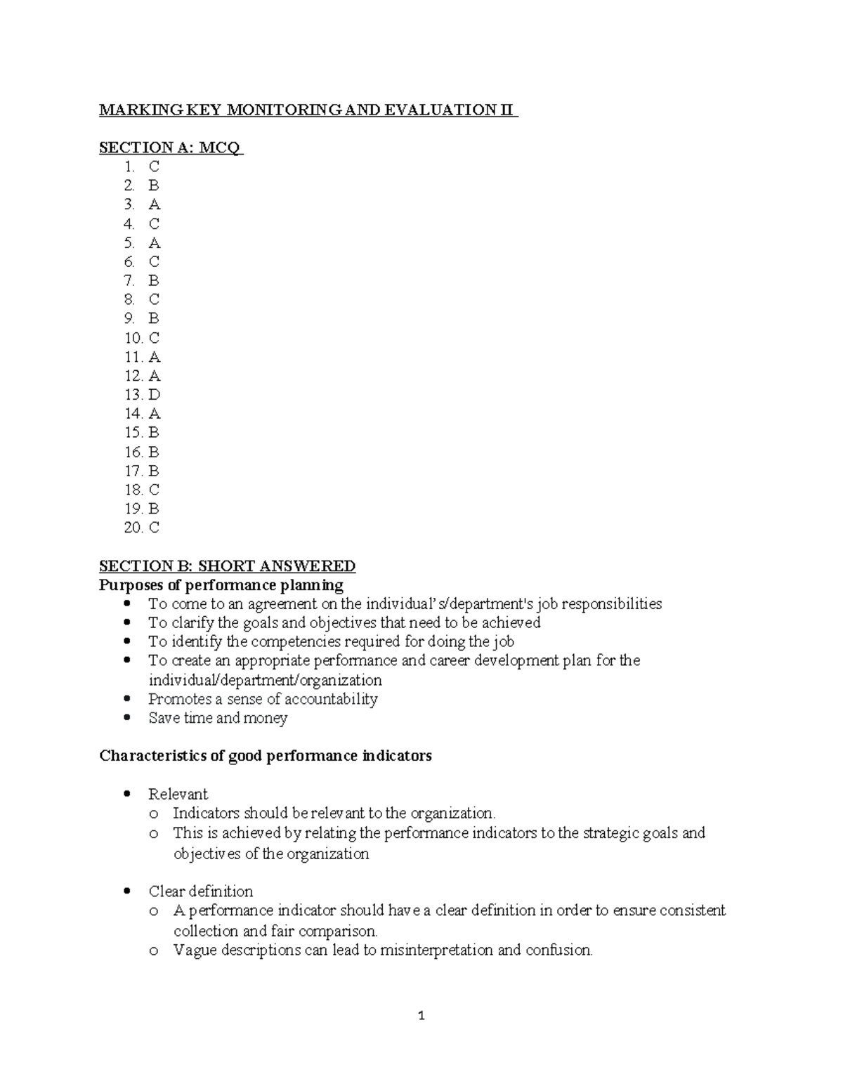 M&E II Marking Key: MCQs & Short Answers - Arenchi - Studocu