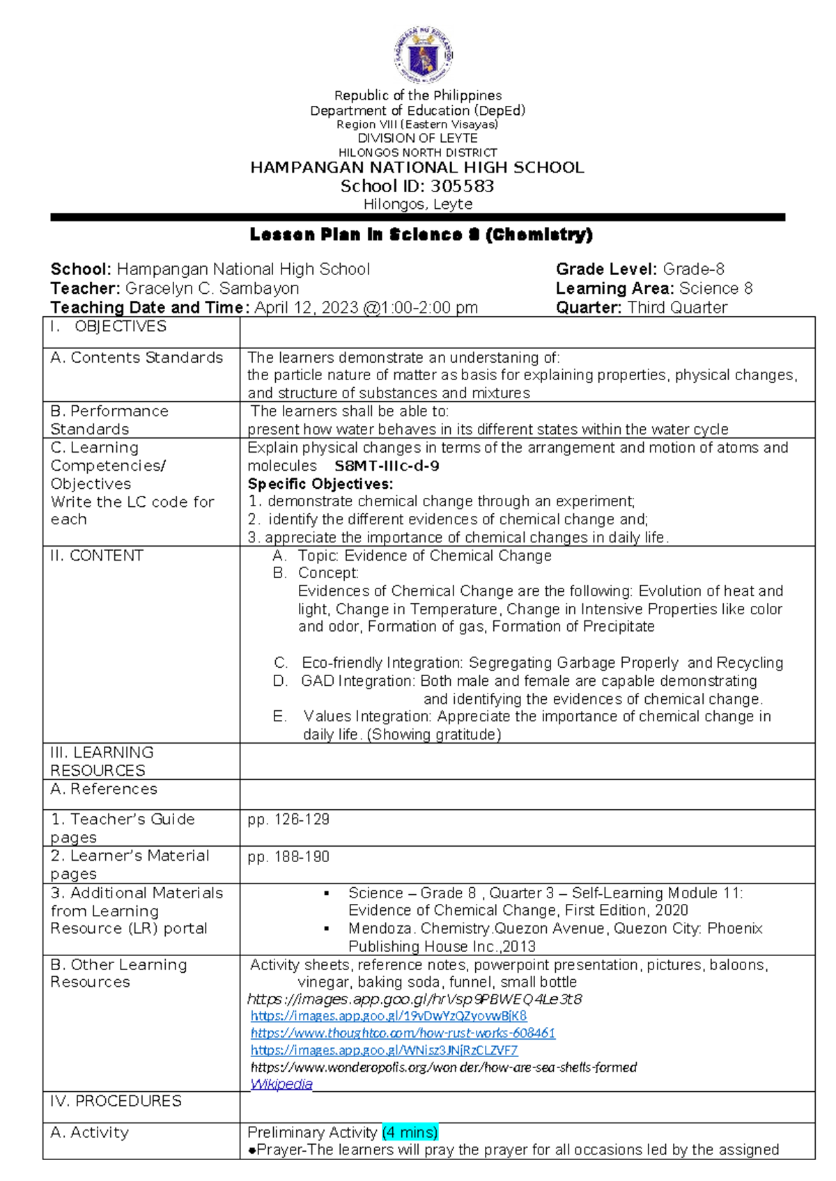 Science 8 3rd Quarter Lesson Plan: Evidence of Chemical Change - Studocu