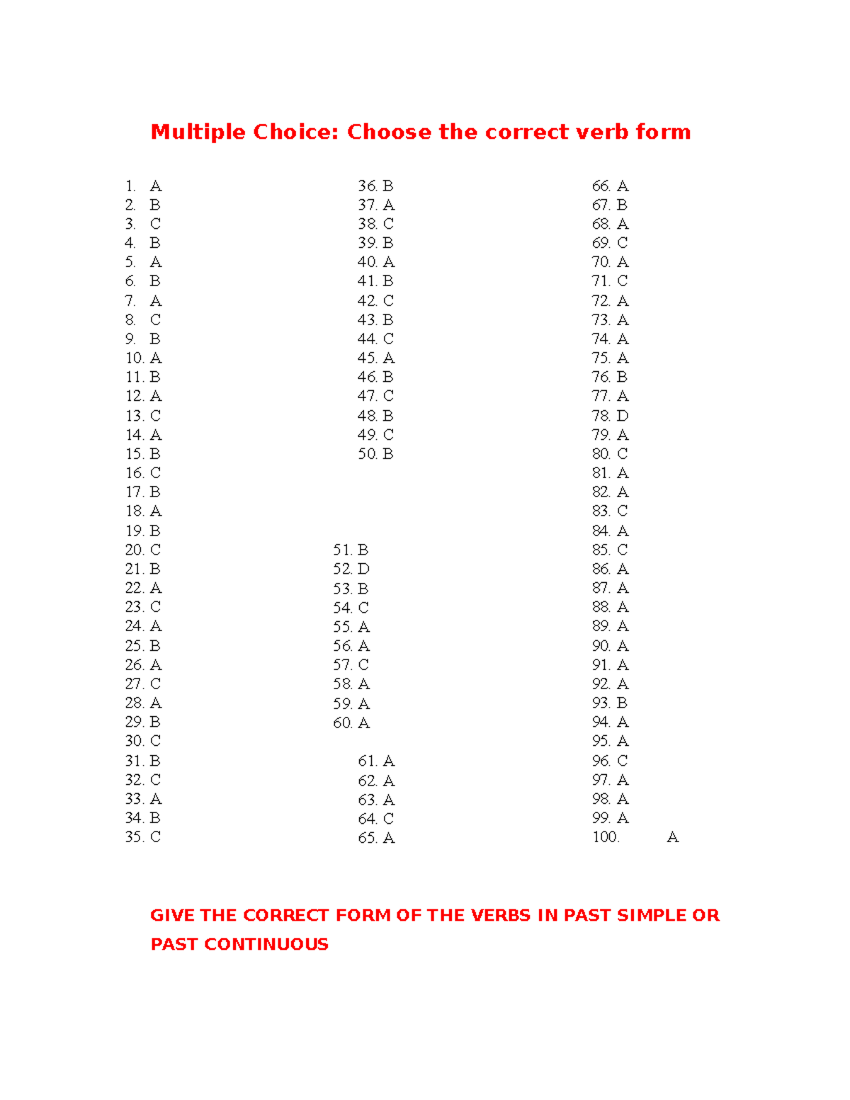 Key - Multiple Choice Verb Forms & Past Tense Exercises (ENG 6) - Studocu