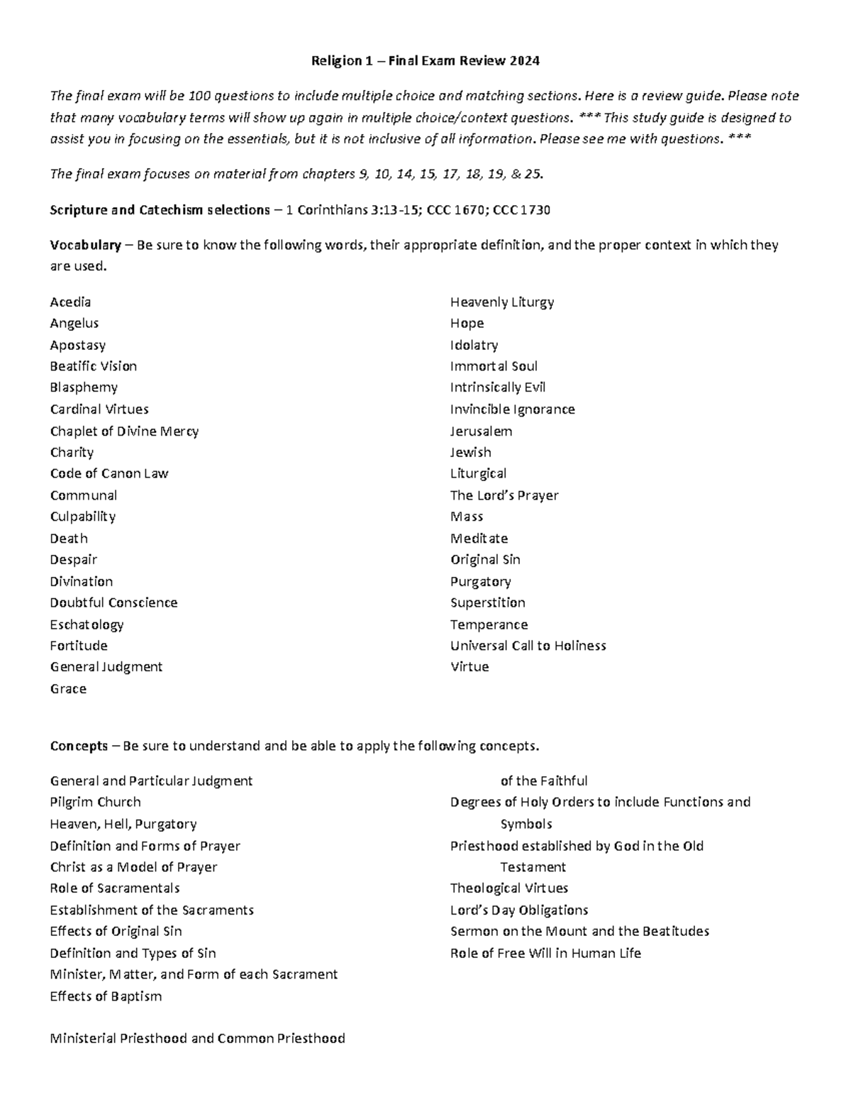 Religion 1 Final Exam Review Guide 2024: Key Concepts & Vocabulary ...