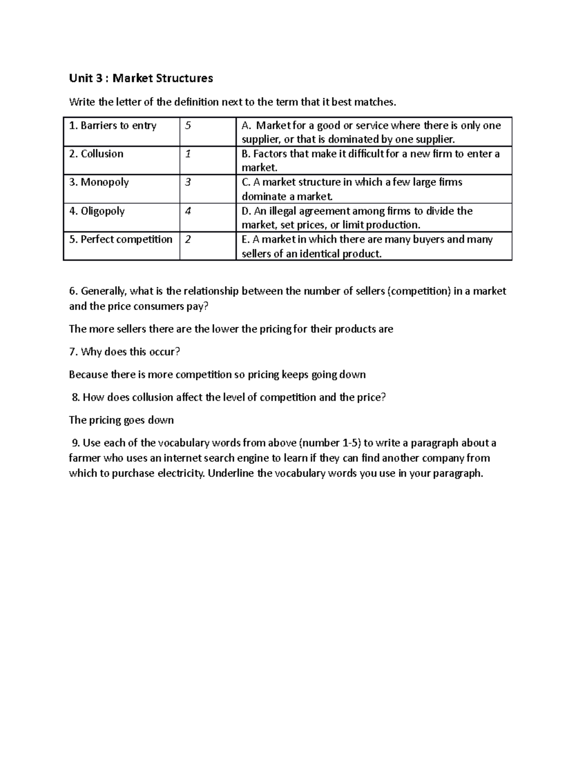 U3A1 Market Structures Definitions and Analysis Handout - Studocu