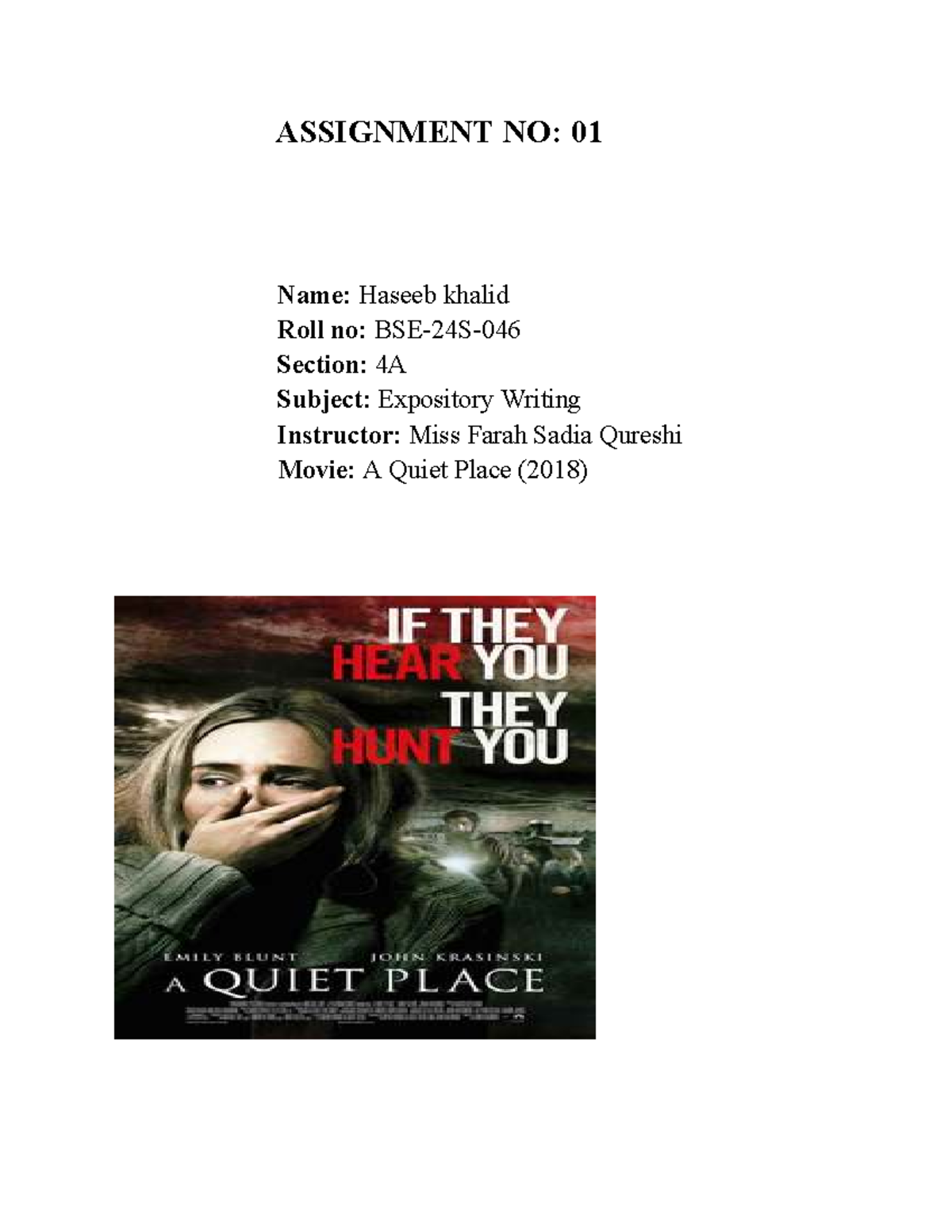 Expository Writing Assignment: Analyzing A Quiet Place Scenes - Studocu