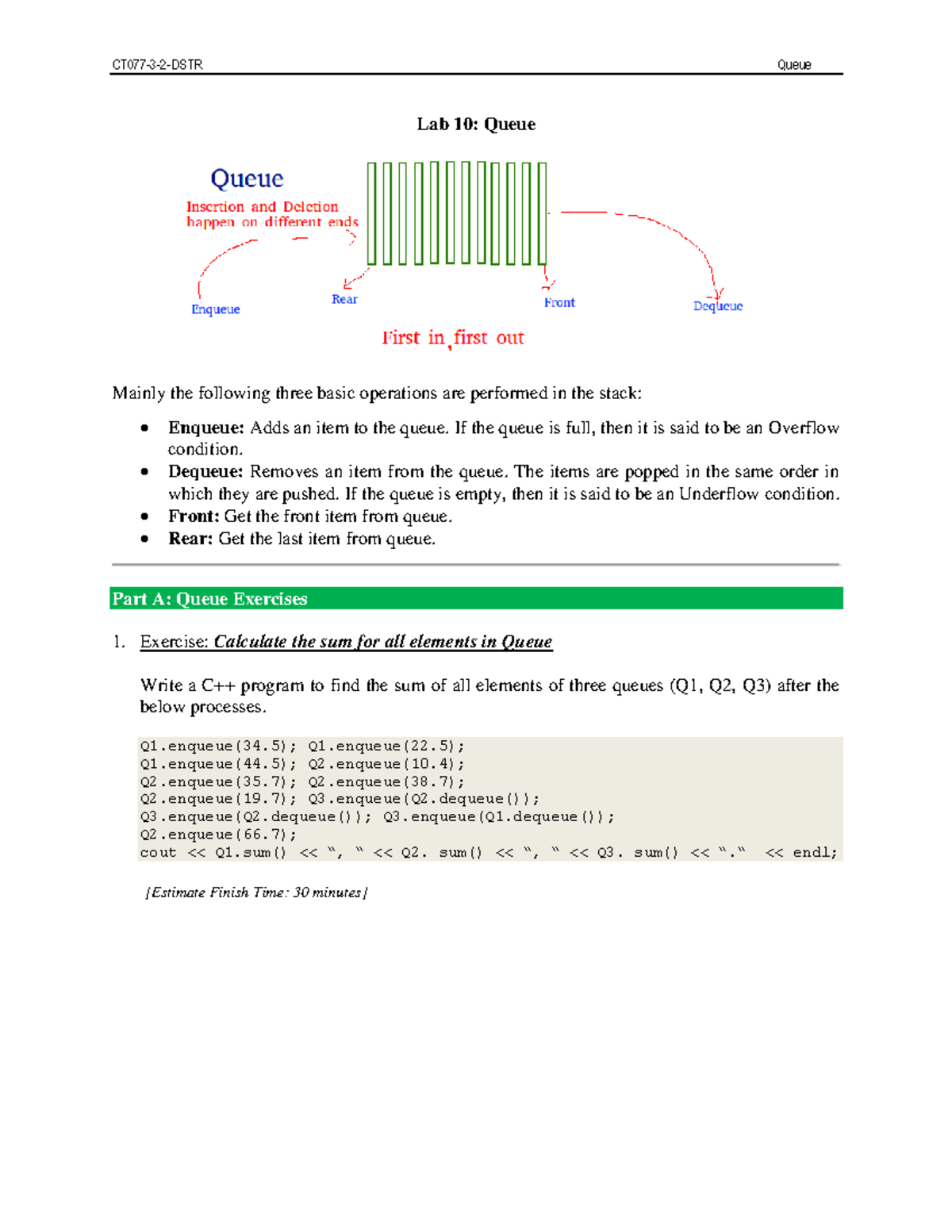 Lab 10 - Queues - Lab 10 questions for DSTR lab - CT077- 3 - 2 - DSTR Queue Lab 10 : Queue ...