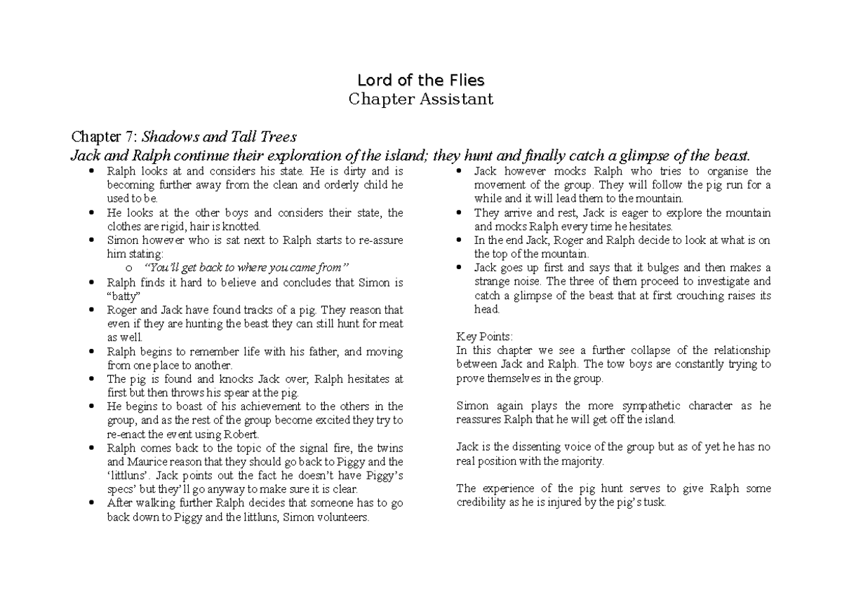 Lord of the Flies CH7: Shadows and Tall Trees Analysis Guide - Studocu