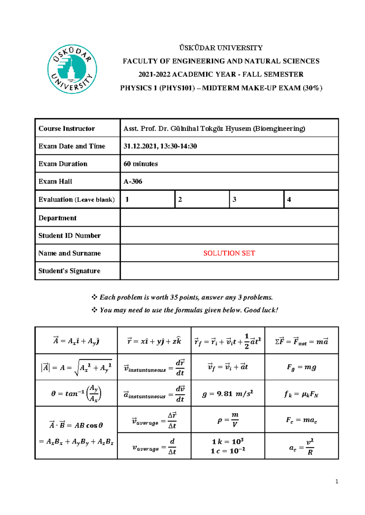 PHYS101 Midterm Make-Up Exam Solution Set - Past Paper Physics 1 - Studocu