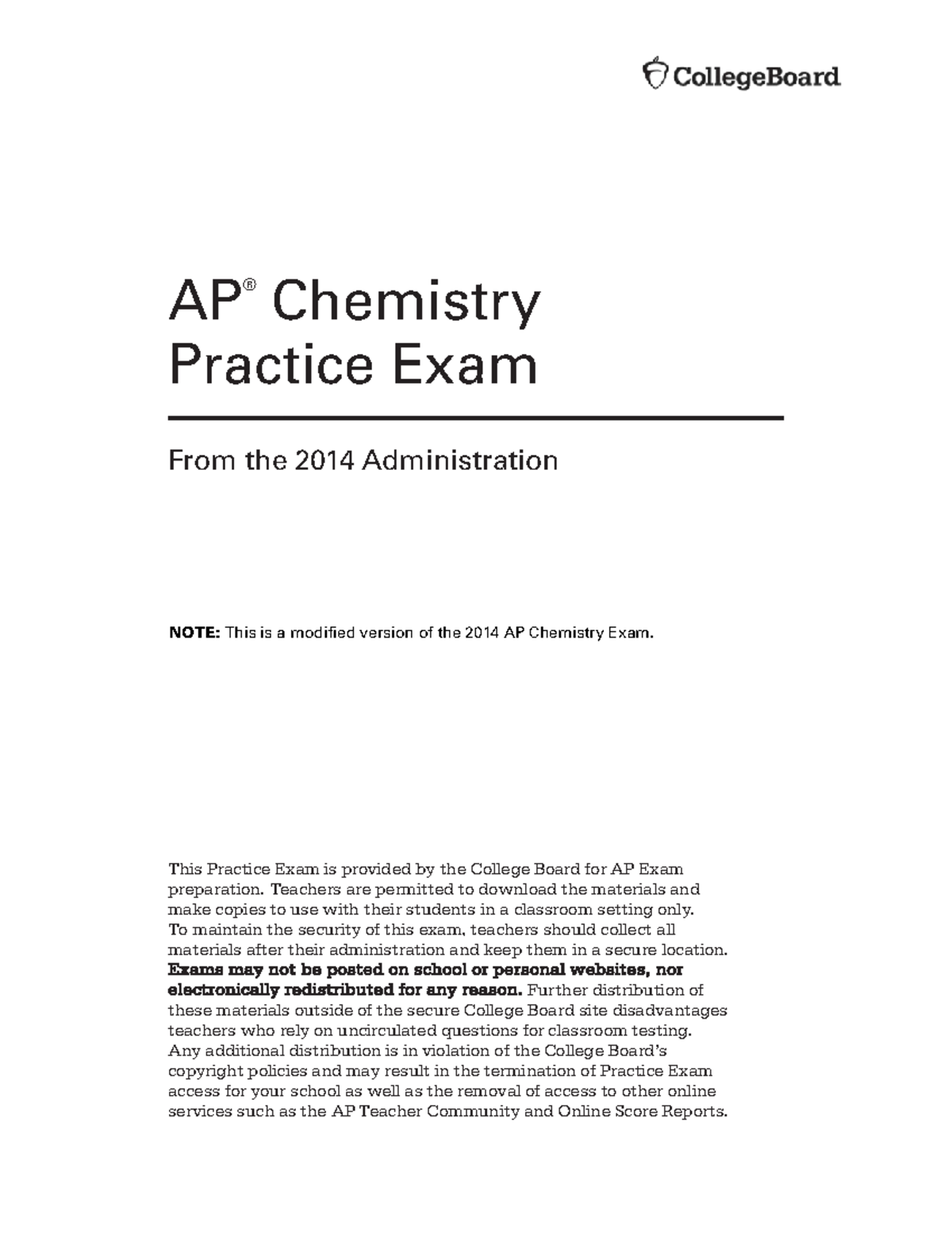 2014 AP Chemistry Practice Exam with Answers & Instructions - Studocu