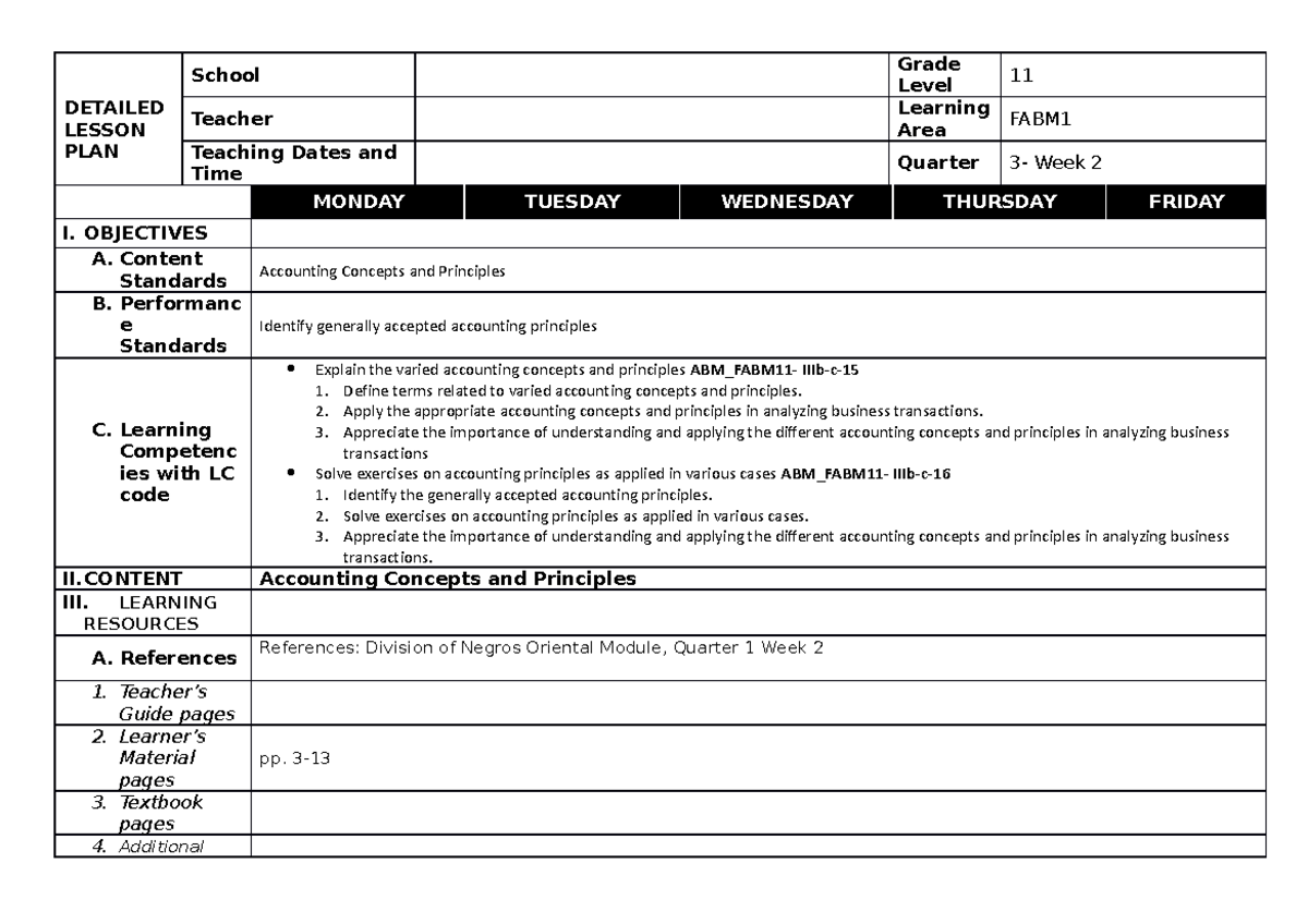Daily Lesson Log for FABM1: Accounting Concepts - Week 2 - Studocu
