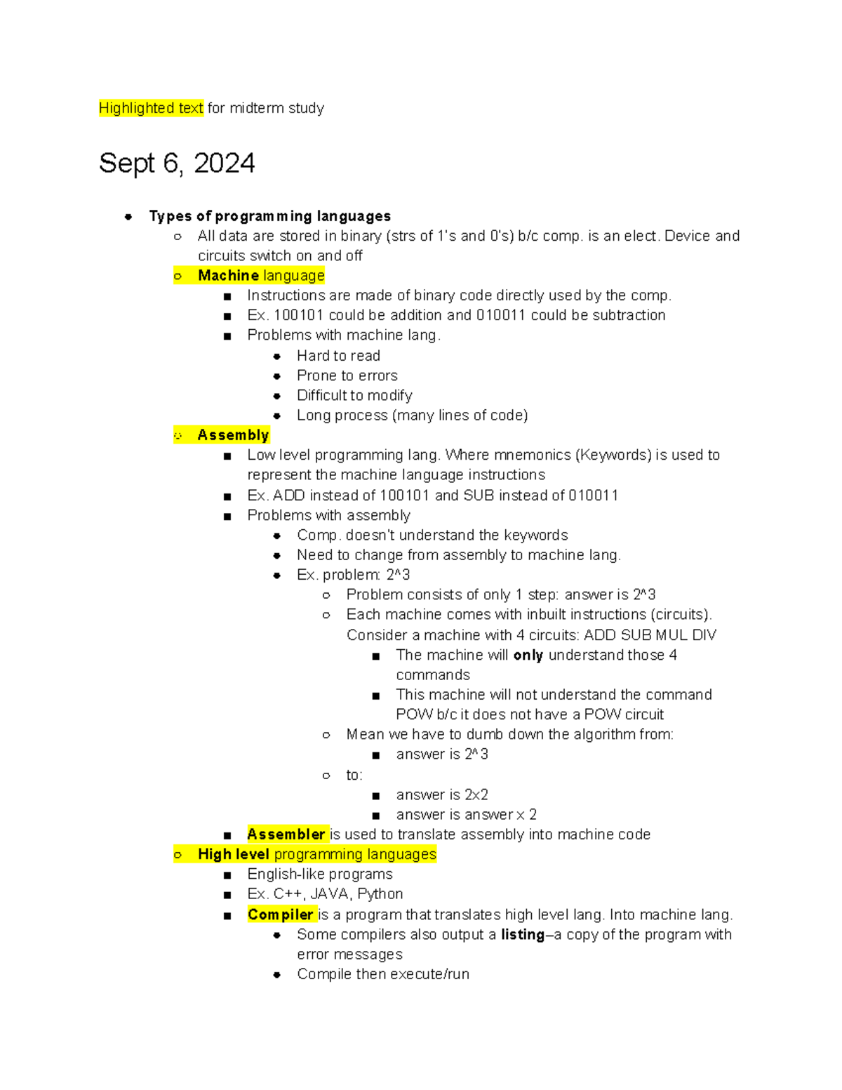 CS 110 notes - Highlighted text for midterm study Sept 6, 2024 Types of ...