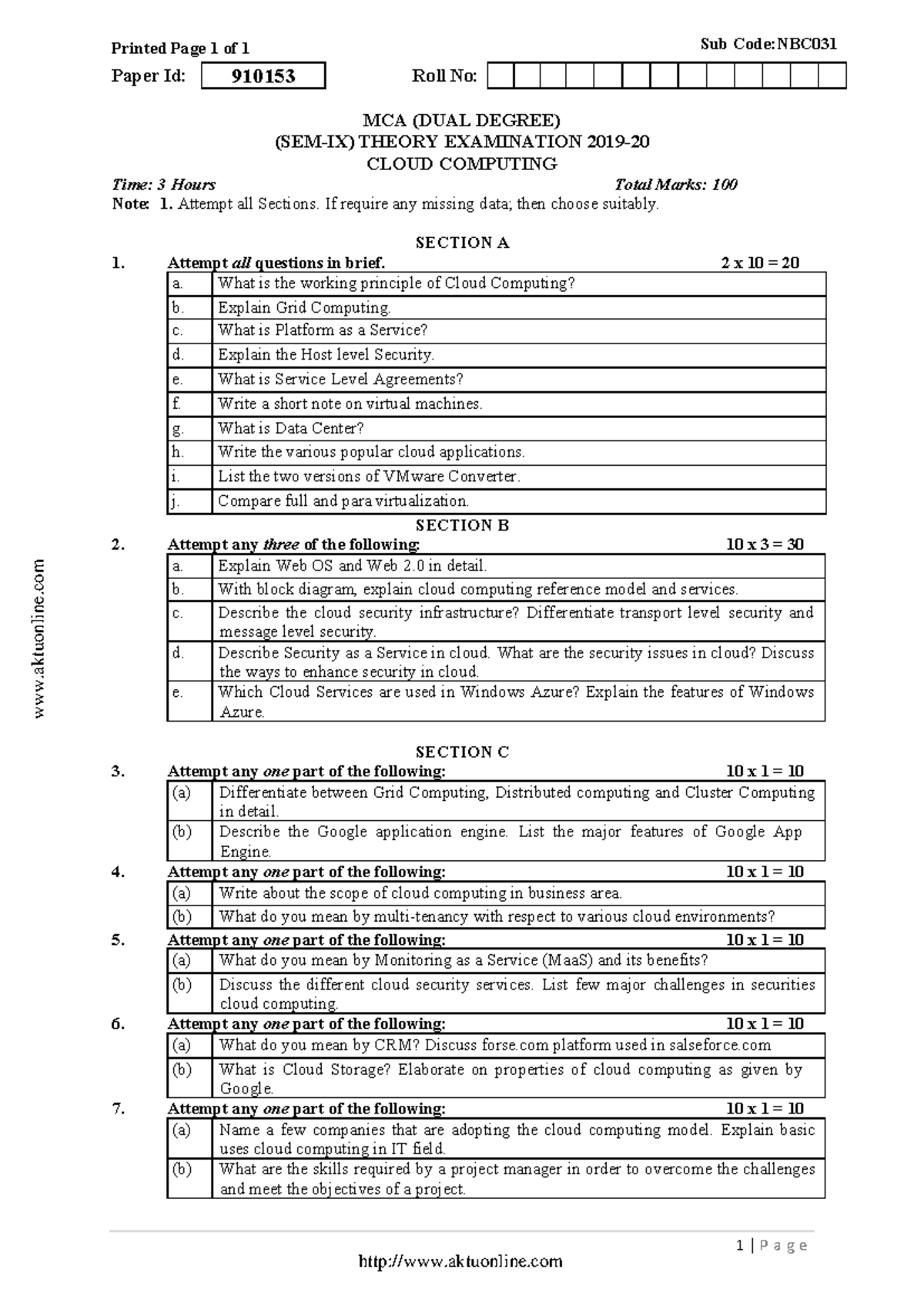 MCA 9th Sem Cloud Computing Exam Notes (NBC031) 2020 - Studocu