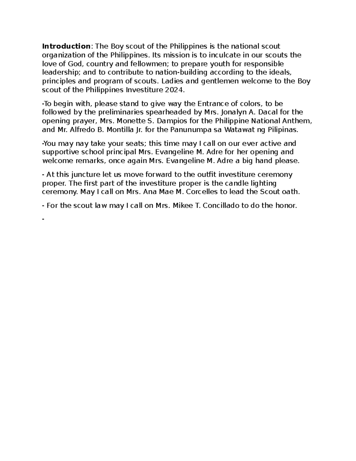 Investiture Script for the Boy Scouts of the Philippines 2024 - Studocu