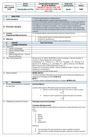 DLP Speed and Velocity 3 - GRADE 1 to 12 DAILY LESSON PLAN School ...