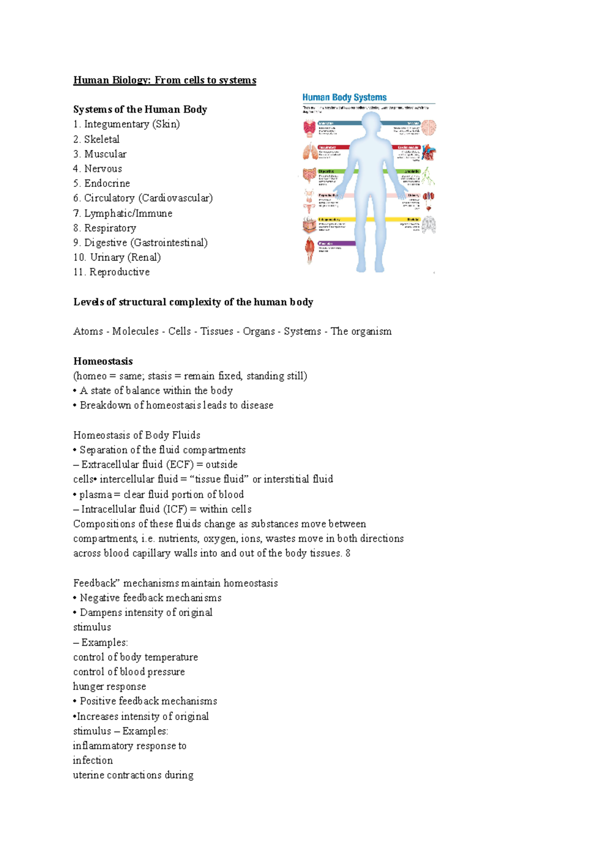 1001NSC Human Biology Lecture Notes: Body Systems & Homeostasis - Studocu