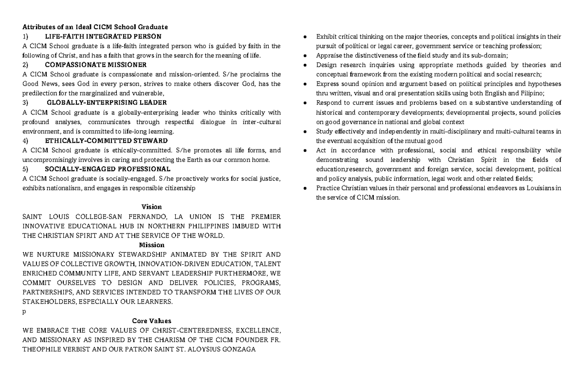 Attributes of an Ideal CICM School Graduate: Vision & Mission Insights ...