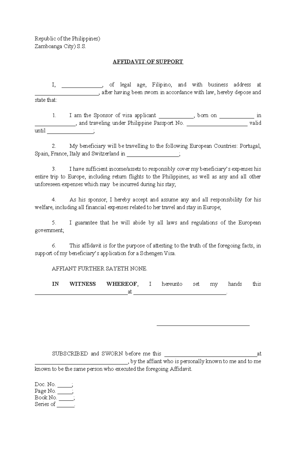 Affidavit of Support for Visa Application - Philippines - Studocu